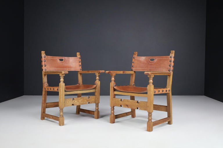 Pine and Saddle Leather Arm Chairs, France, 1940s For Sale at 1stDibs