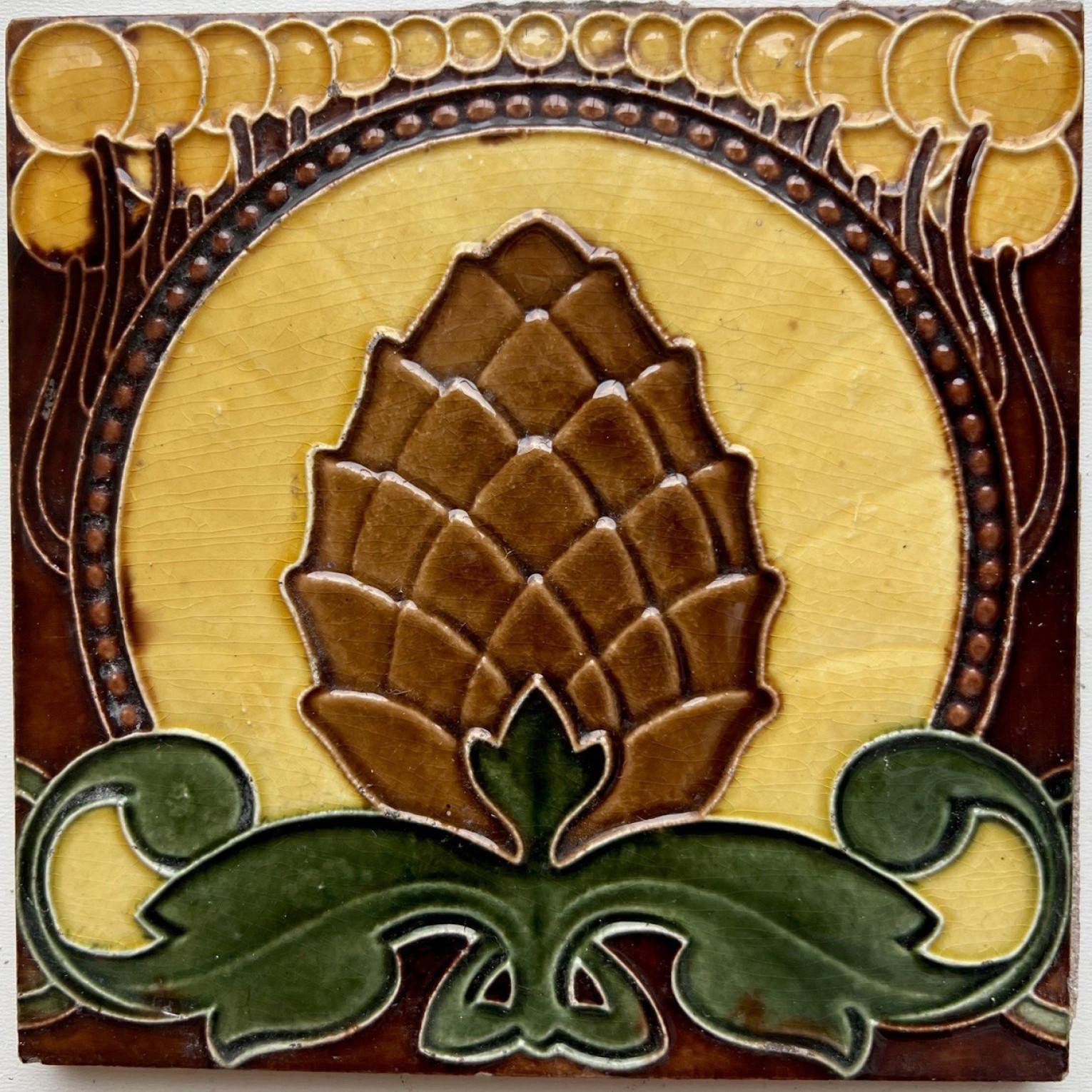 Pine Cone Art Nouveau Glazed Border Tiles by Le Glaive, circa 1920 For ...
