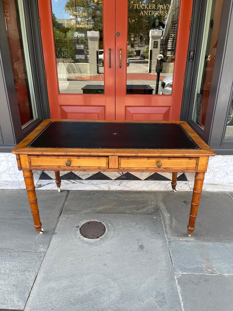 Pine Faux Bamboo Leather Top Writing Desk with Two Drawers, circa 1920 ...