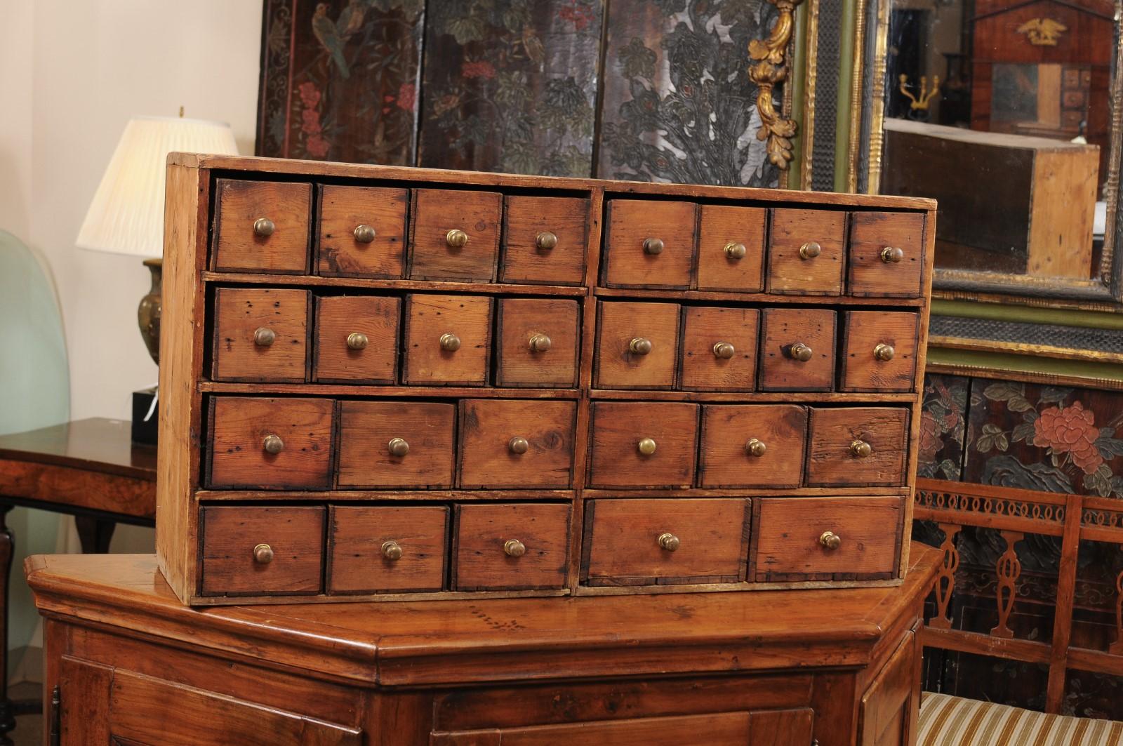 Pine Hanging Spice Rack with 27 Drawers with Brass Knobs, England ca ...