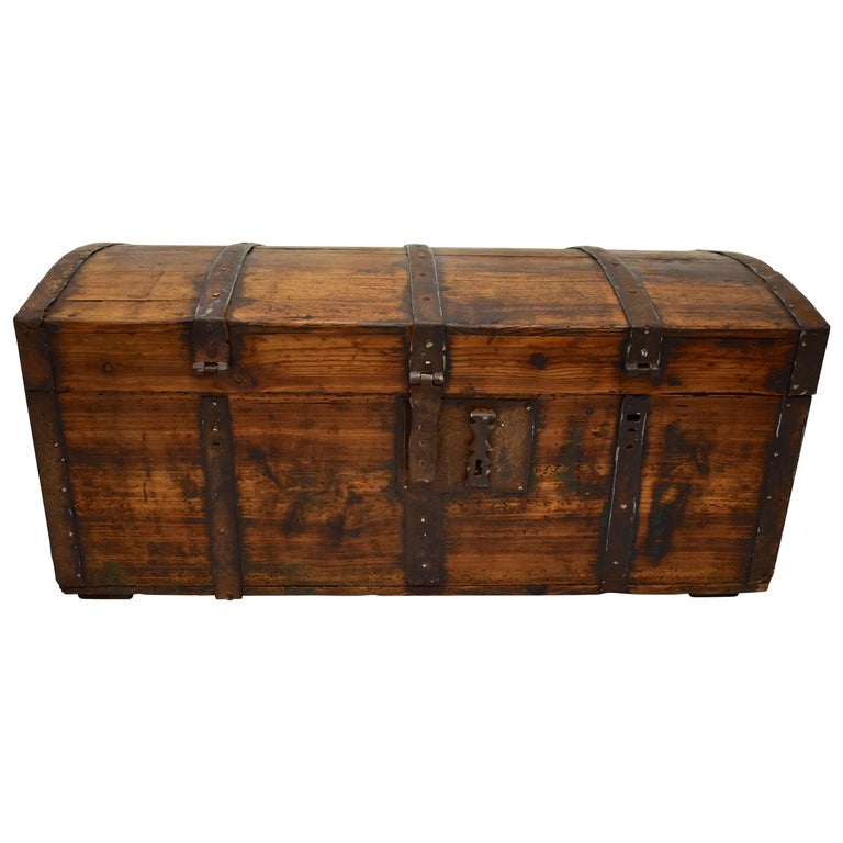 Pine Iron-Banded Dome Top Strong Box at 1stDibs