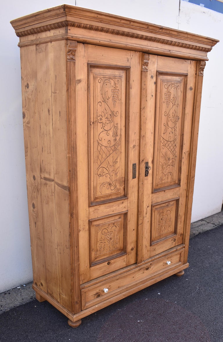 Pine Two Door Armoire with Carved Door Panels For Sale at 1stDibs