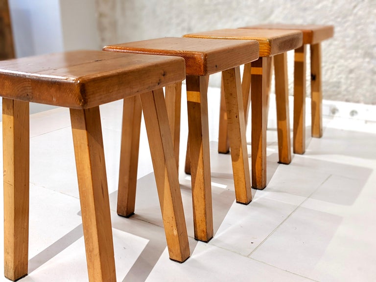 Pine Wood Stool by Charlotte Perriand for Les Arcs 1800 For Sale at 1stDibs