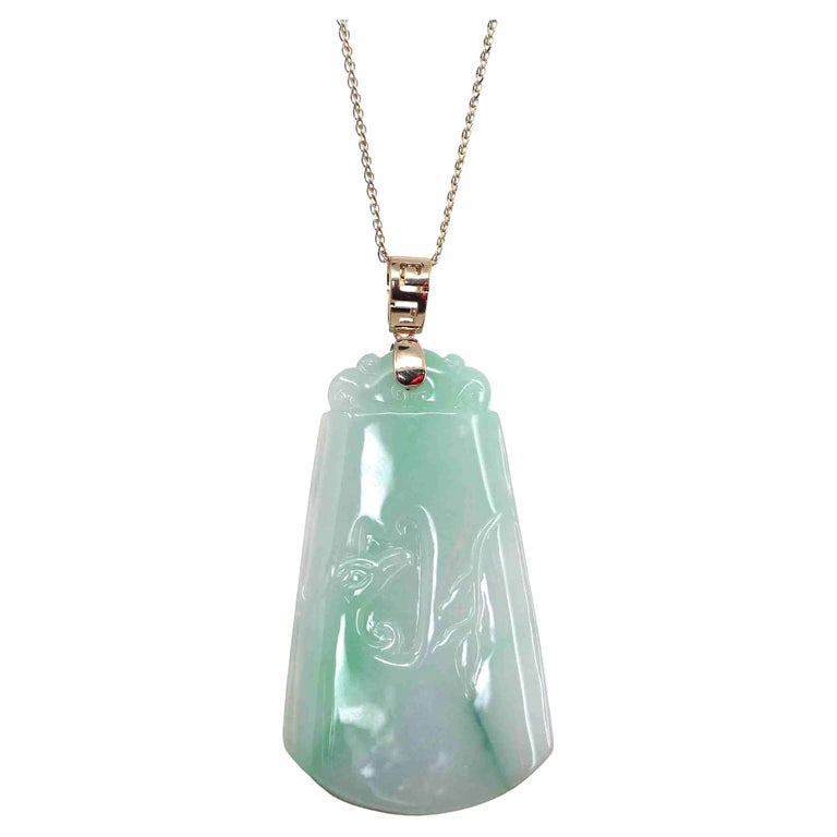 "Ping An Wu Shi Pai" Green Jadeite Jade Pendant With 14k Yellow Gold ...