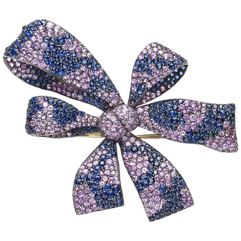 Pink and Blue Sapphire Bow Brooch For Sale at 1stDibs