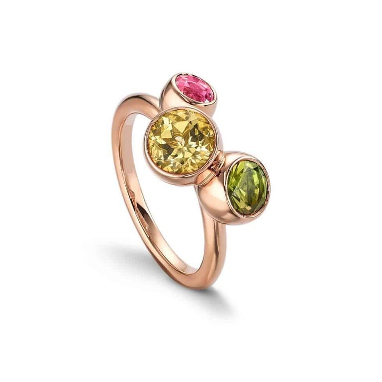 Pink and Green Tourmaline and Yellow Beryl Modern Ring Set in 18K Rose ...