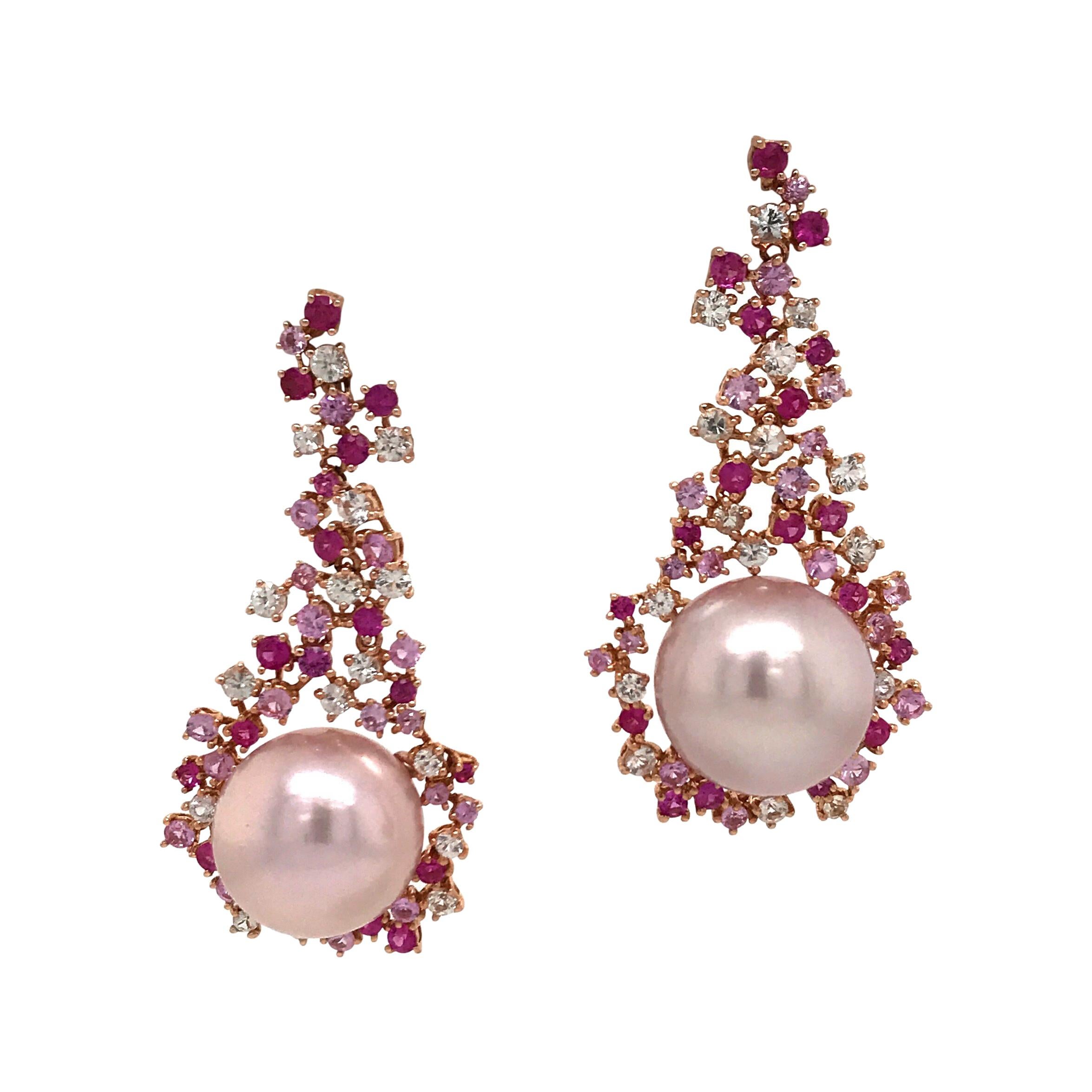 Pink and White Sapphire Freshwater Pearl Drop Earrings 4.72 Carat 18 ...