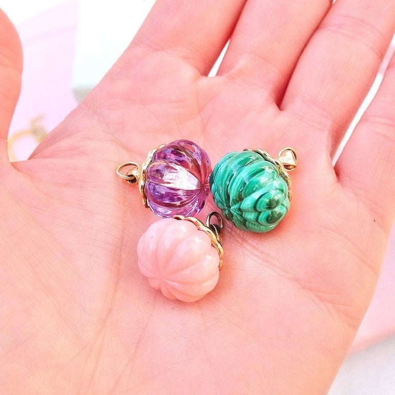 Pink Carved Opal 9ct Gold Charm Necklace For Sale at 1stDibs