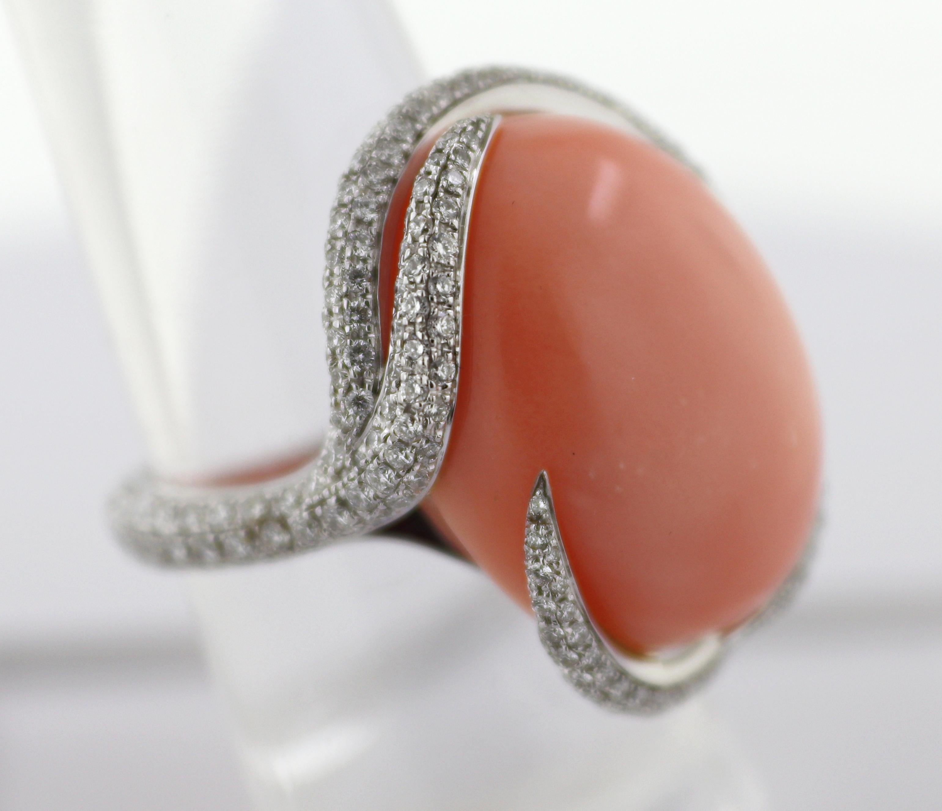 Coral, Diamonds, 18 Karat White Gold Ring at 1stDibs