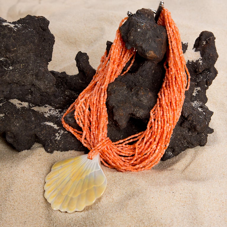 Pink Coral Shell Shaped Mother of Pearl Pendant 925 Silver Beaded Chic ...