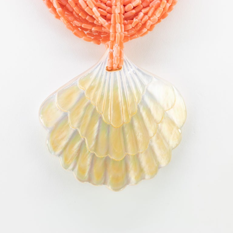 Pink Coral Shell Shaped Mother of Pearl Pendant 925 Silver Beaded Chic ...