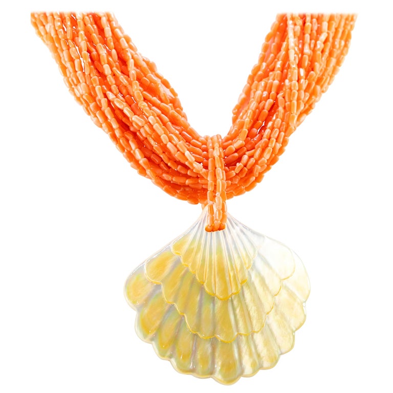 Pink Coral Shell Shaped Mother of Pearl Pendant 925 Silver Beaded Chic ...