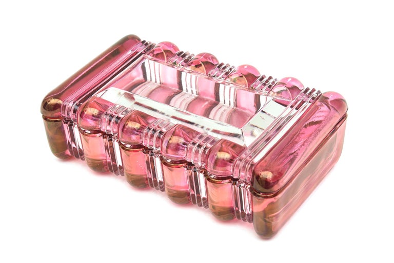 Pink Cranberry and Clear Beveled Rectangular Glass Box Vintage For Sale ...