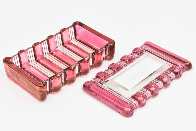 Pink Cranberry and Clear Beveled Rectangular Glass Box Vintage For Sale ...