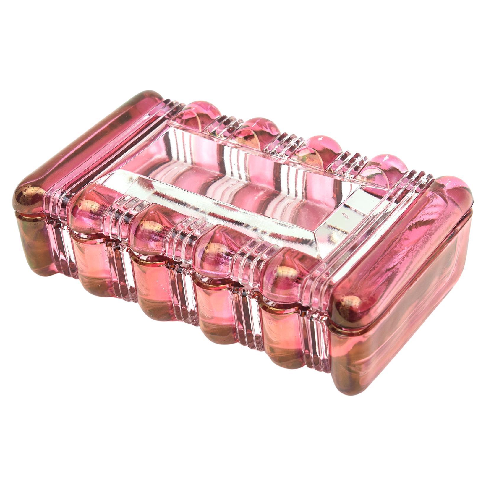 Pink Cranberry and Clear Beveled Rectangular Glass Box Vintage For Sale ...