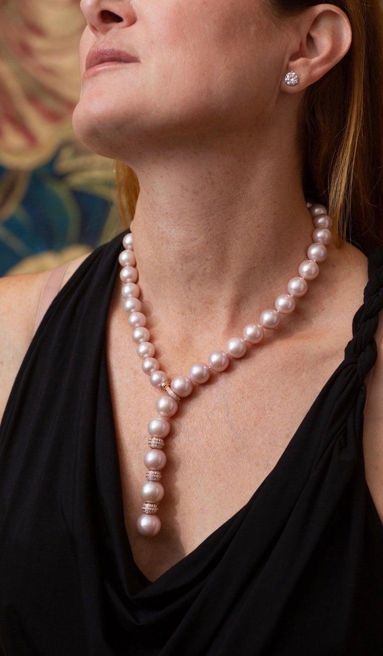 Pink Cultured Pearl Necklace with Diamond Rondelles For Sale at 1stDibs