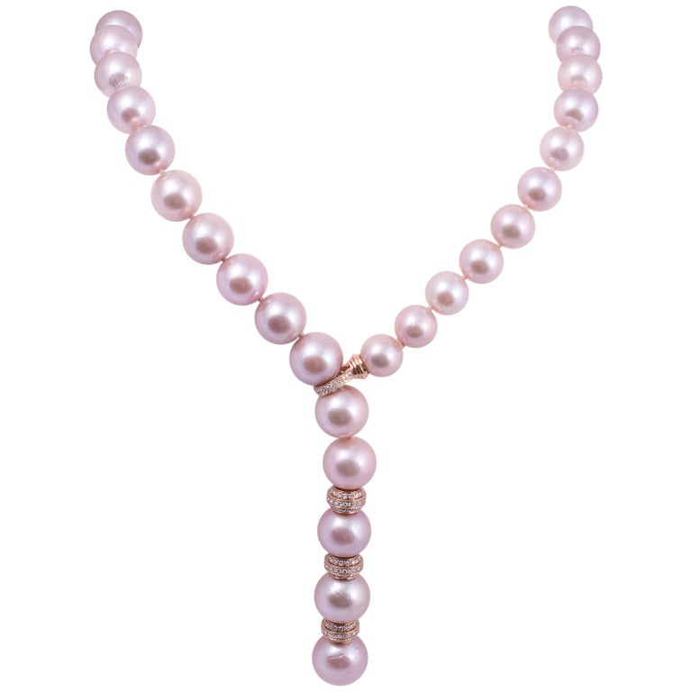 Pink Cultured Pearl Necklace with Diamond Rondelles For Sale at 1stDibs