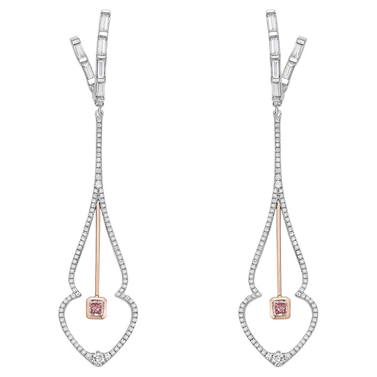 Pink Diamond Drop Earrings 18k White and Rose Gold For Sale at 1stDibs
