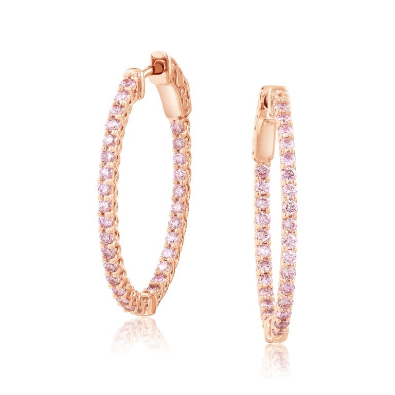 Pink Diamond Inside and Outside Rose Gold Hoops For Sale at 1stDibs