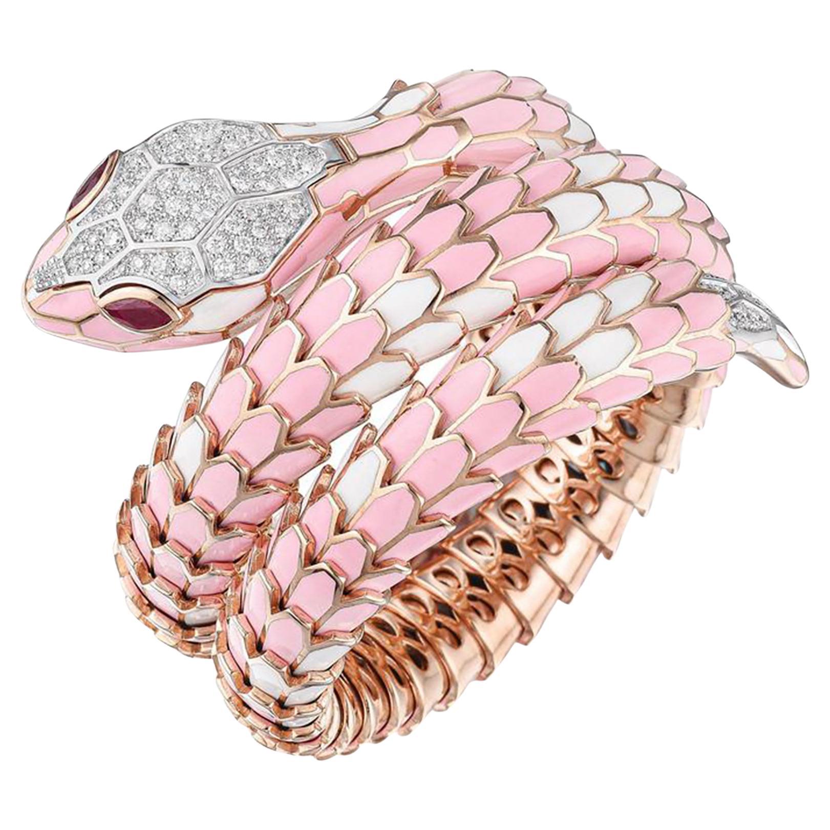 Victorian Turquoise Blue Enamel, Gold, Diamond and Ruby Snake Bracelet ...