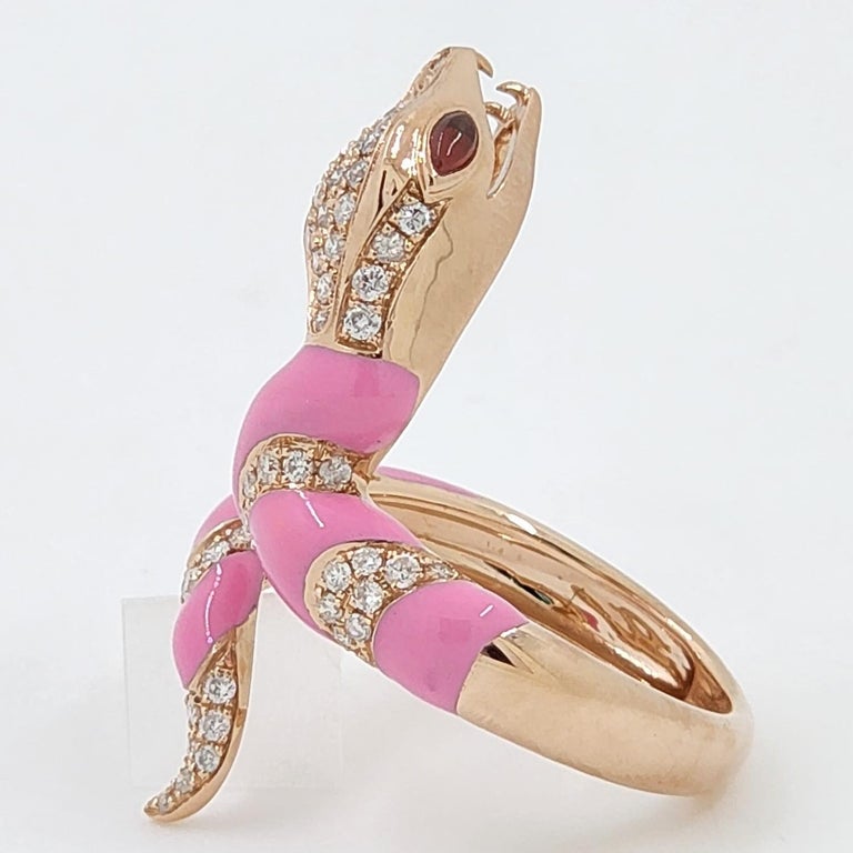Pink Enamel Snake Diamond Ring in 18 Karat Rose Gold For Sale at 1stDibs