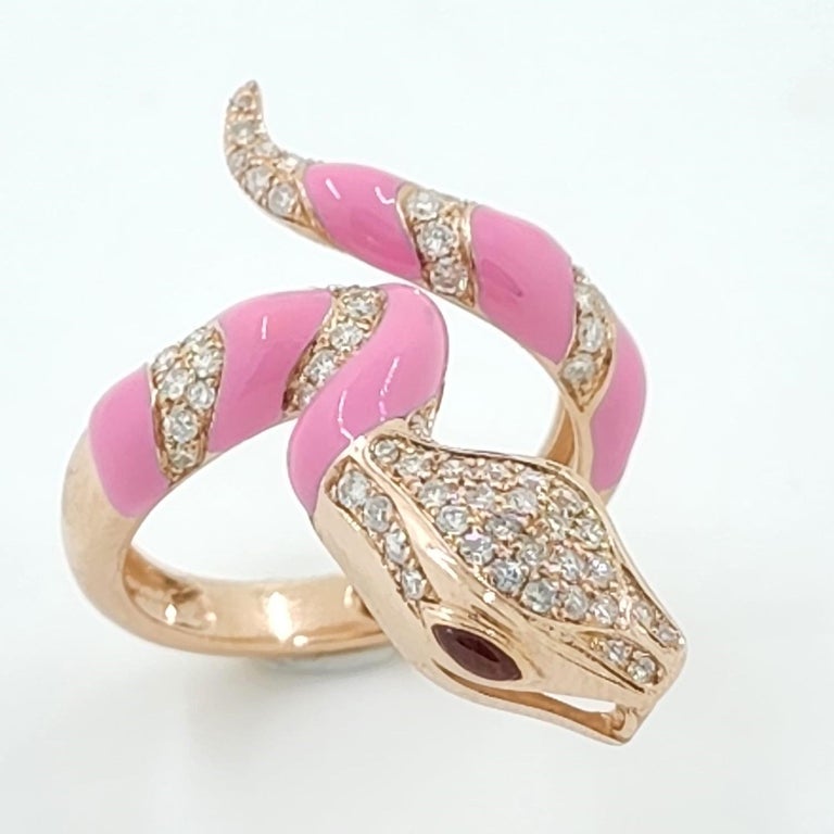 Pink Enamel Snake Diamond Ring in 18 Karat Rose Gold For Sale at 1stDibs