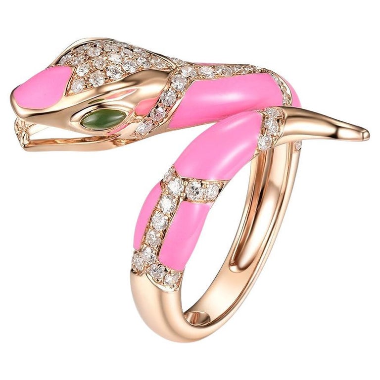 Pink Enamel Snake Diamond Ring in 18 Karat Rose Gold For Sale at 1stDibs