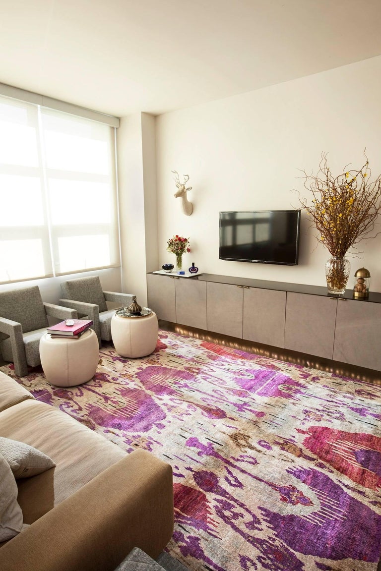 Modern Pink Purple Lilac Beige Silver Ikat Design Natural Silk Hand ...