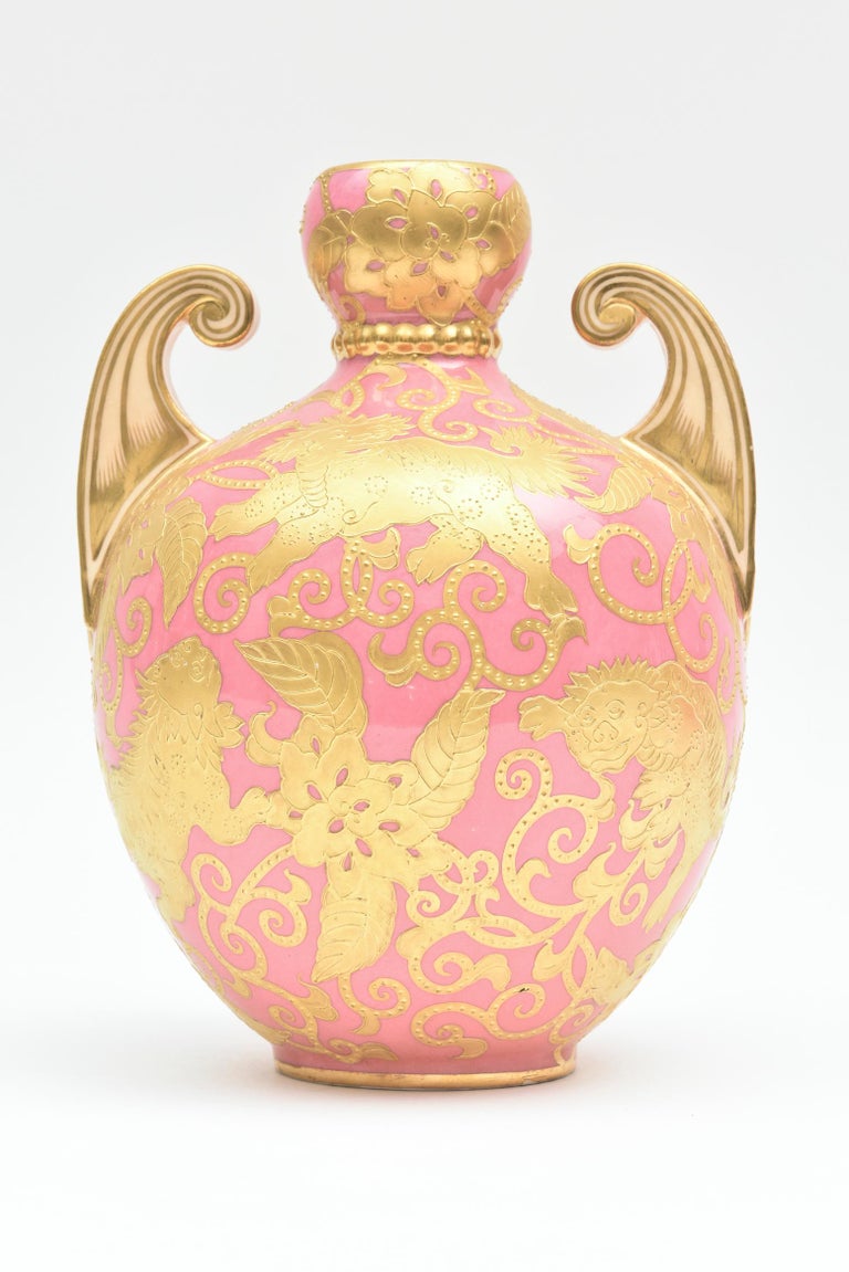 Pink and Gold Encrusted Vase, Foo Dog Design with Elaborate Handles at ...