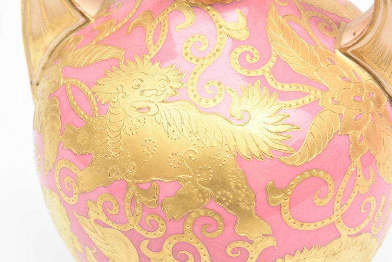 Pink and Gold Encrusted Vase, Foo Dog Design with Elaborate Handles at ...