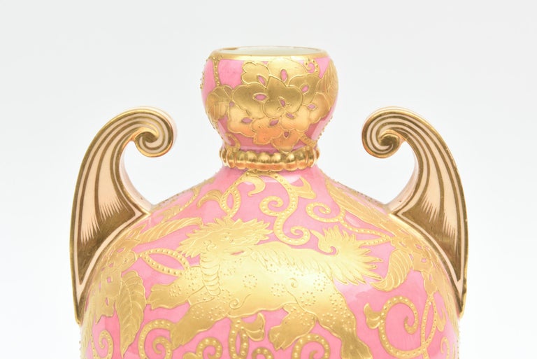 Pink and Gold Encrusted Vase, Foo Dog Design with Elaborate Handles at ...