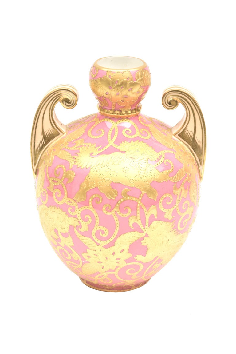 Pink and Gold Encrusted Vase, Foo Dog Design with Elaborate Handles at ...
