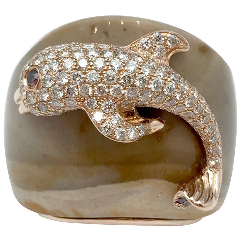 Pink Gold Paolobongia Dolphin Ring Set with Diamonds, Jaspe and Garnet ...