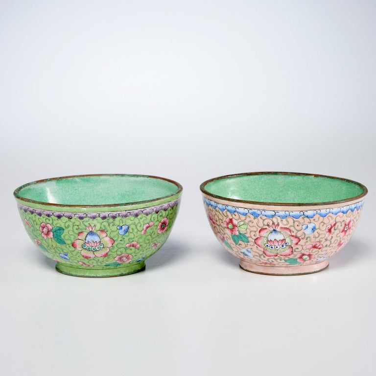 Pink and Green Antique Chinese Peking Enamel Cups and Dishes w. Floral ...