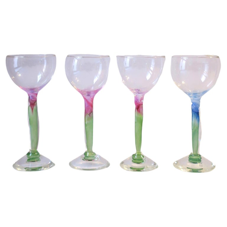 Pink Green Blue Wine or Cocktail Glasses Organic Design Signed, Set of ...