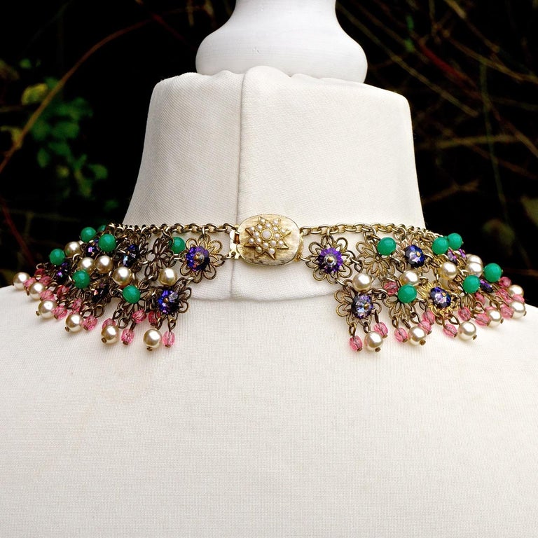 Pink Green Purple Glass Beads Faux Pearl Filigree Collar Necklace circa ...