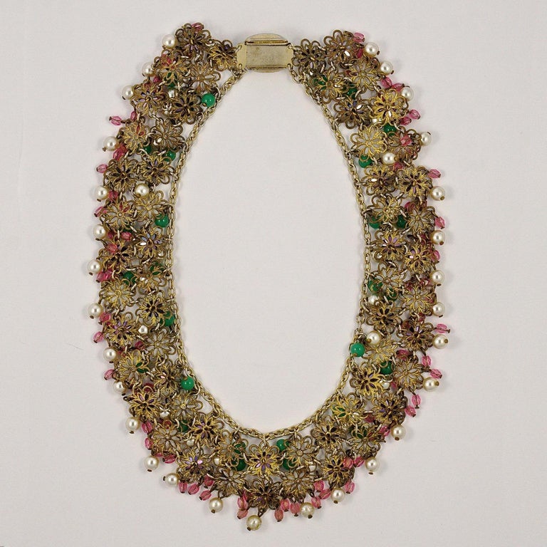 Pink Green Purple Glass Beads Faux Pearl Filigree Collar Necklace circa ...