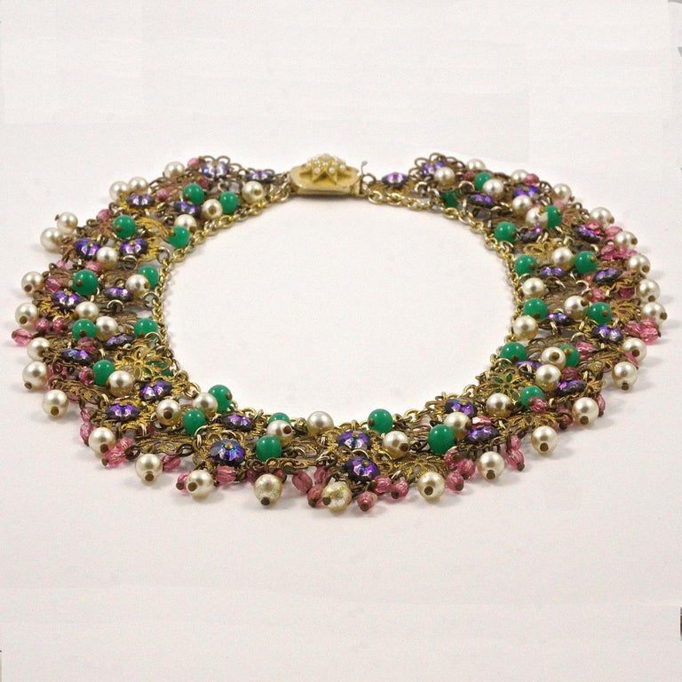 Pink Green Purple Glass Beads Faux Pearl Filigree Collar Necklace circa ...