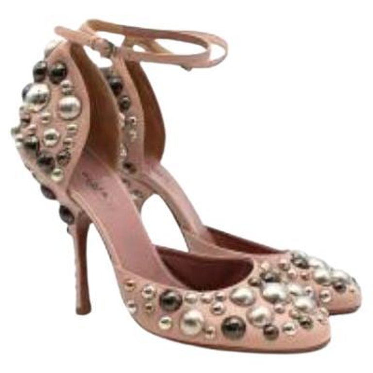 pink leather and silver-tone studded heeled pumps For Sale at 1stDibs