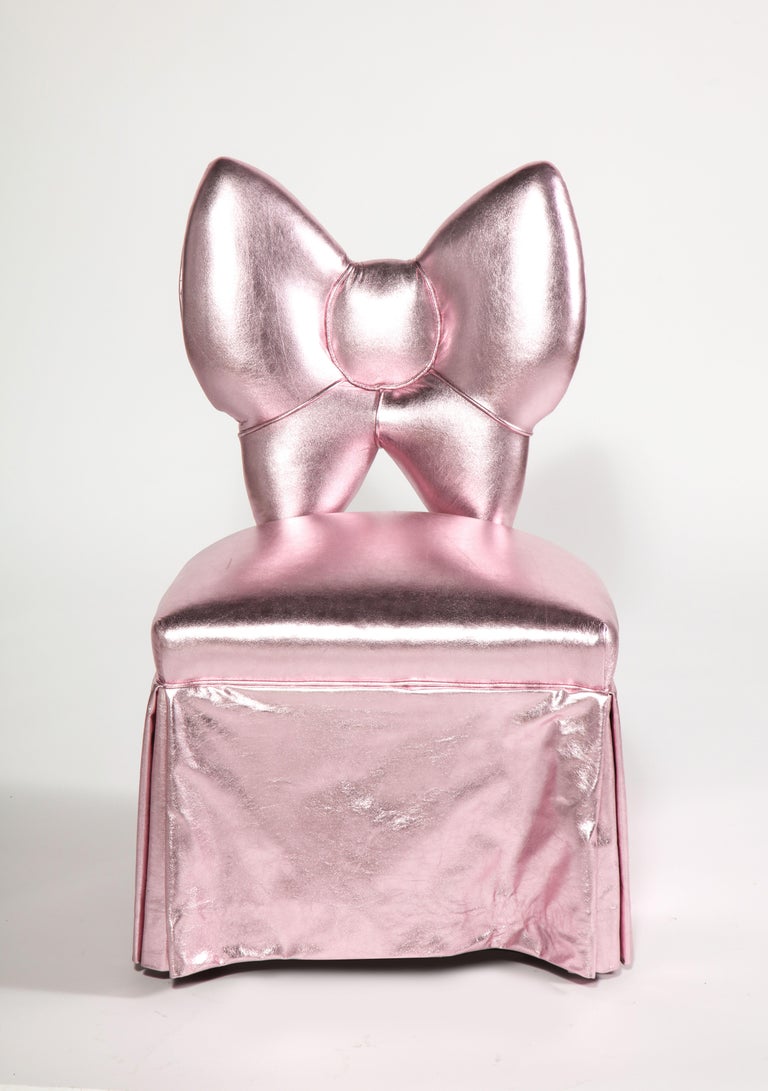 Pink Metallic Leather Bow Chair with Skirt at 1stDibs