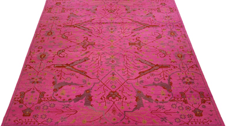 Pink Modern Indian Handmade Oversize Wool Rug With Allover Motif For ...