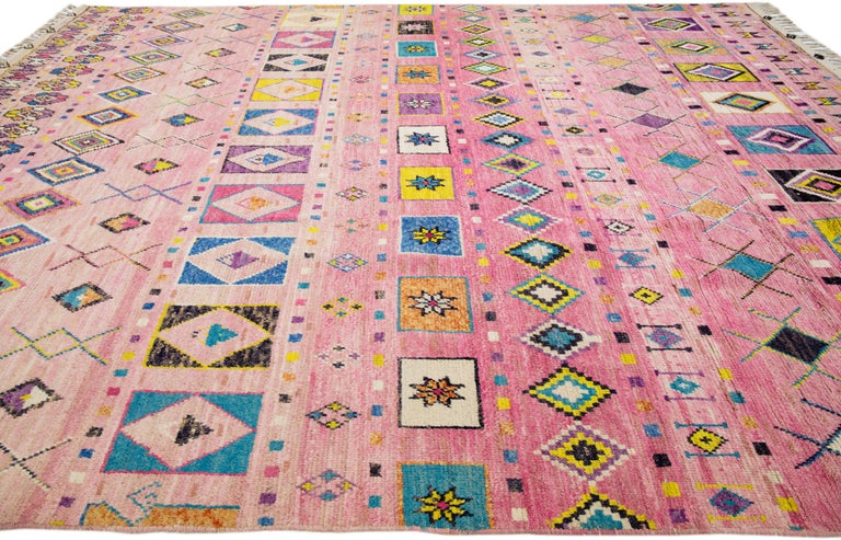 Pink Moroccan Berber Style Handmade Geometric Wool Rug For Sale at 1stDibs