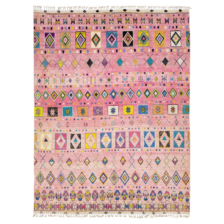 Pink Moroccan Berber Style Handmade Geometric Wool Rug For Sale at 1stDibs