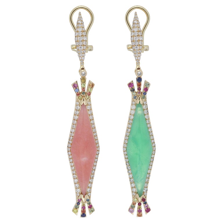 Pink Opal, Chrysoprase, Multi Sapphire and Diamond Earring 14 Karat ...