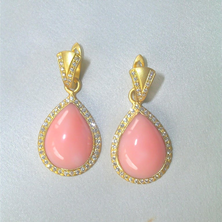 Pink Opal Earrings w/ Diamonds Set in 18k Gold For Sale at 1stDibs