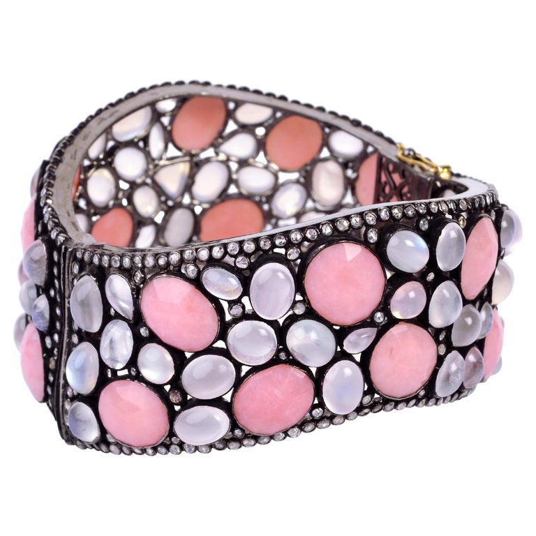 Pink Opal and Moonstone Cuff With Pave Diamonds Made In 14k Gold and ...