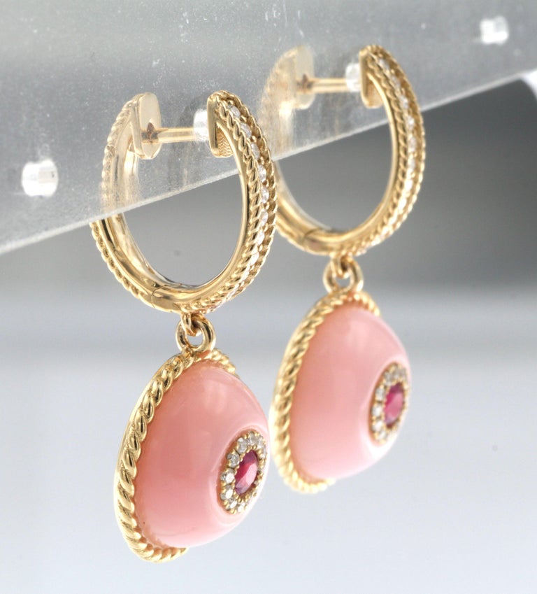 Pink Opal Ruby Dangle Earring in 14 Karat Yellow Gold For Sale at 1stDibs