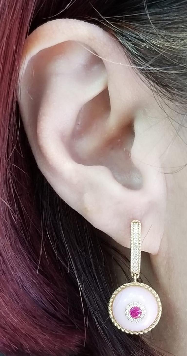 Pink Opal Ruby Dangle Earring in 14 Karat Yellow Gold For Sale at 1stDibs
