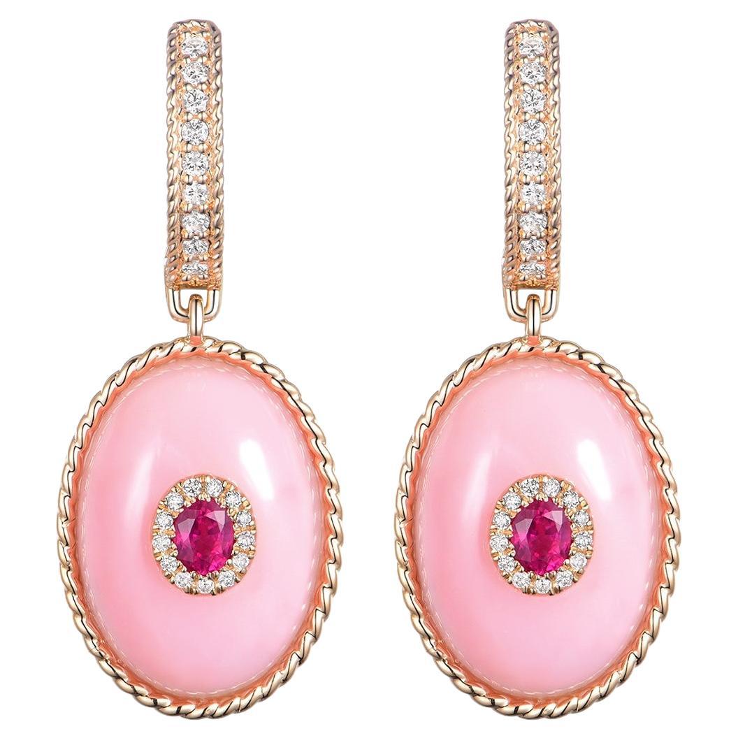 Pink Opal Ruby Dangle Earring in 14 Karat Yellow Gold at 1stDibs