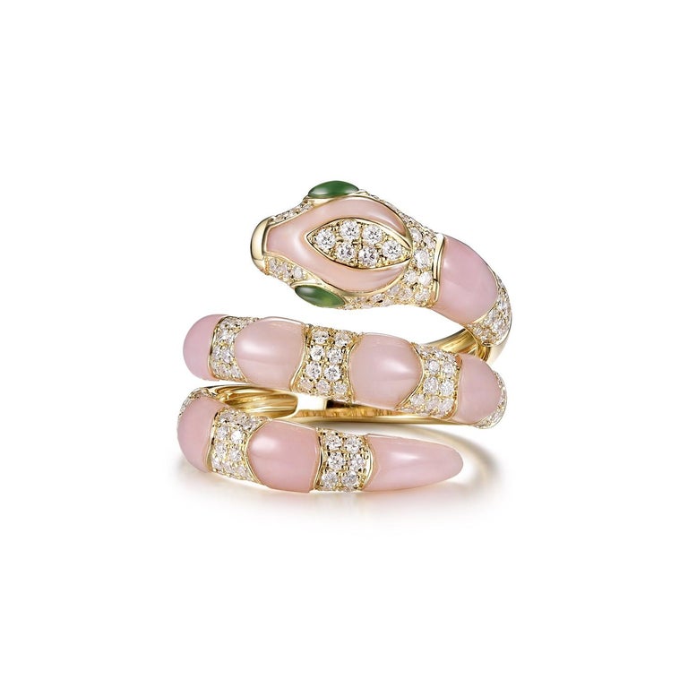 Pink Opal Snake Diamond Ring in 18 Karat Yellow Gold For Sale at 1stDibs